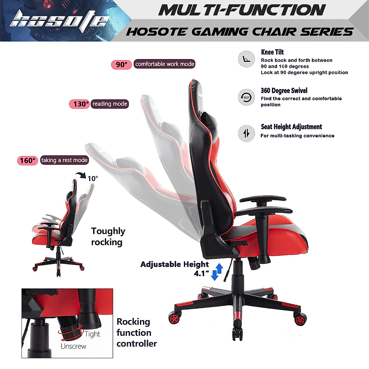 Hosote Ergonomic Gaming Chair for Adults, High Back Racing Computer Gaming Chair, E-Sports Gamer Chair, Big and Tall Video Gaming Chair, PU Leather Desk Chair Task Chair Office Chair(Red)