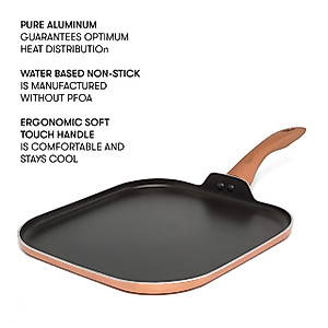 Cooking Light Dishwasher Safe, Silicone Handle, Specialty Cookware for Family, 11 Inch Griddle, Copper