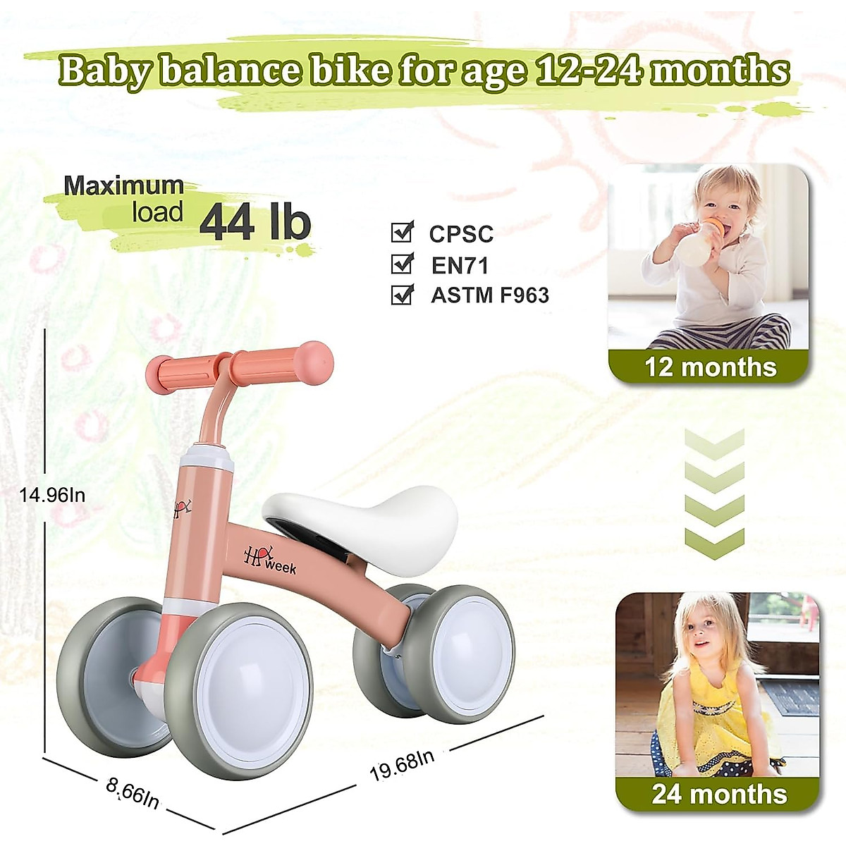 HAWEEK Baby Balance Bike Cute Toys for 1 Year Old Boy and Girl 12-24 Months Toddler Bike Baby Walker Riding Gifts for Boys Girls No Pedal Infant 4 Wheels Baby's First Birthday Gift (Pink)