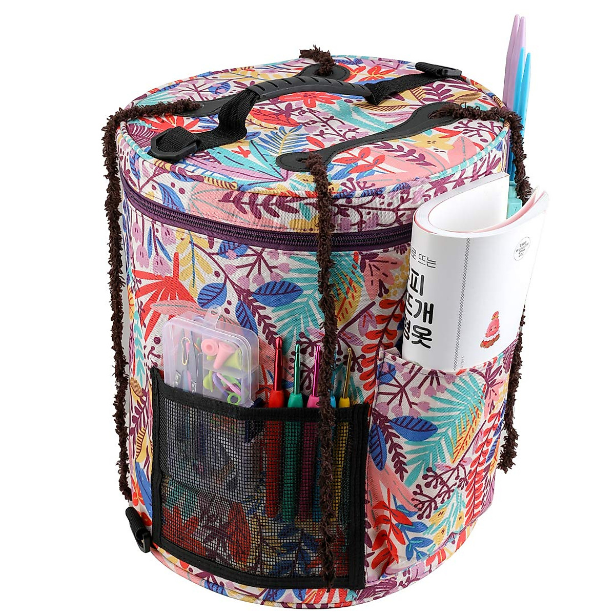 KOKNIT Durable Yarn Storage Tote, Yarn Organizer Crochet Bag with Knitting Accessories Pockets for Beginners and Craft Lovers, Slits on Top to Protect Wool and Prevent Tangling