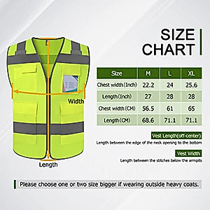 TCCFCCT Safety Vest 5 Pockets High Visibility Reflective Vest for Men Women, Durable Construction Vest with Horizontal Strip for Walkie-talkie, Meets ANSI/ISEA Standards, Yellow, L