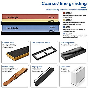 Complete Knife Sharpening Stone Set – Dual Grit Whetstone 400/1000 3000/8000 Premium Whetstone Knife Sharpener with Leather Strop, Flattening Stone, Bamboo Base, 3 Non-slip Rubber Bases & Angle Guide
