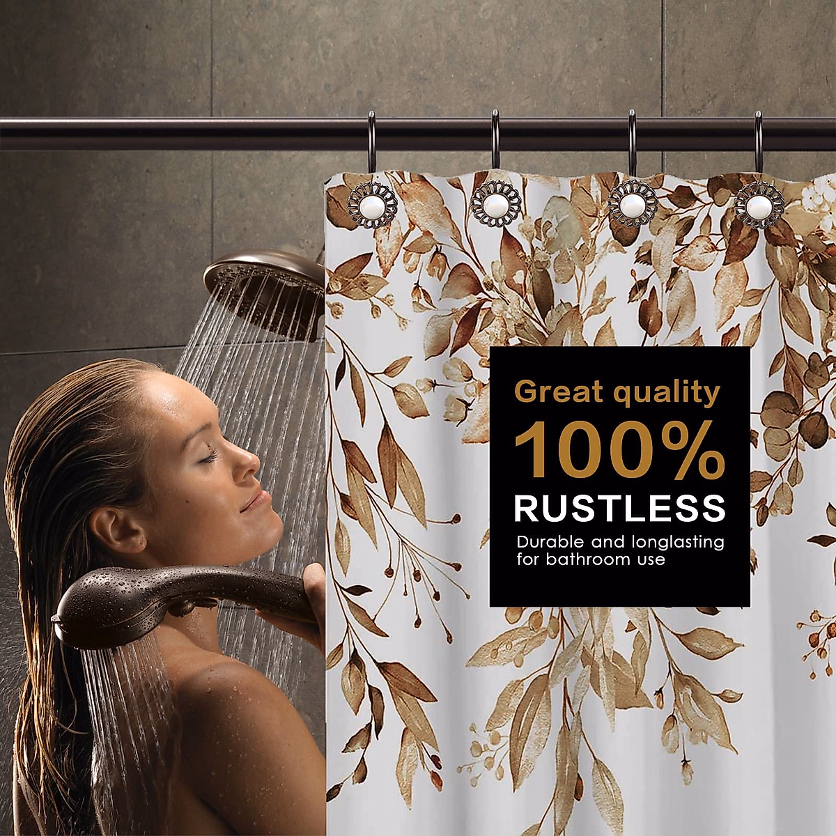 Oil Rubbed Bronze Shower Curtain Hooks, Decorative Sunflower Shower Curtain Rings for Bathroom Shower Curtain Rods and Liner,Metal Shower Hooks, Floral Pearl Shower Rings for Curtain Set of 12