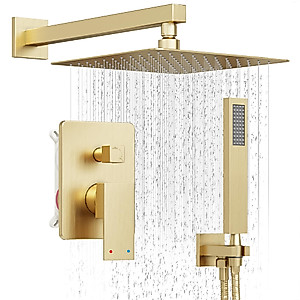 Holispa Gold Shower System, Shower Faucet Set with 10-Inch Rain Shower Head and Handheld, Wall Mounted High Pressure Shower Head Set, Shower Combo Set with Shower Valve and Shower Trim, Brushed Gold
