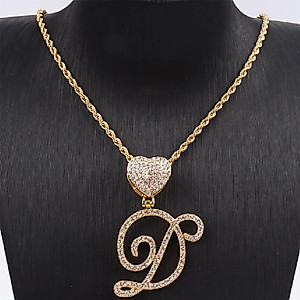SXNK7 Cursive Initial Necklace for Women Men 18K Gold Plated A-Z Letters Pendant Necklace with Rope Chain Hip Hop Iced Out Heart Alphabet Necklace Jewelry Gifts (Gold D)