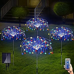 Solar Firework Lights Garden Lights Outdoor, 4 Pack Decorative Solar Lamps Waterproof with Remote, 8 Lighting Modes 120 LED Twinkling Landscape Outdoor Decor for Home Pathway Backyard Lawn-Colorful