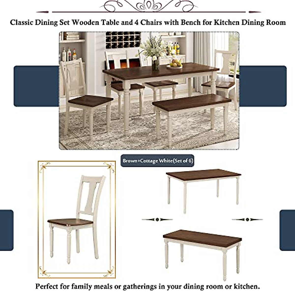 Lifeand Piece Wooden Table and 4 Chairs with Bench for Kitchen Room (Brown+Cottage White), Classic Dining Set for 6