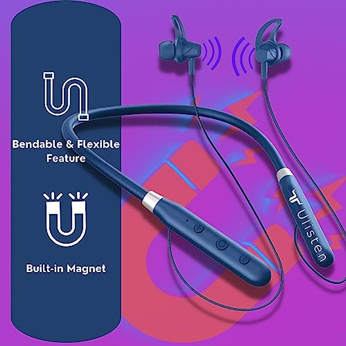 U-Listen PRO KT-N33 Wireless Bluetooth Neckband Headphone Super Bass Noise Reduction HD Mic Type C Foldable New Ergonomic Design Trendy Comfy Gym Sport Around The Neck by Turbootech(Blue)