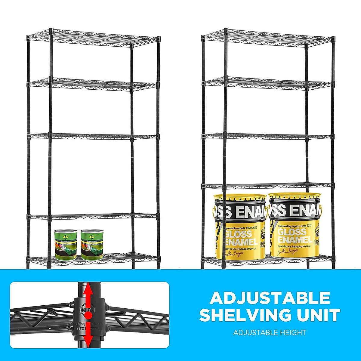 FDW 30" L×14" W×60" H Wire Shelving Unit Metal Shelf with 5 Tier Casters Adjustable Layer Rack Strong Steel for Restaurant Garage Pantry Kitchen Garage，Black