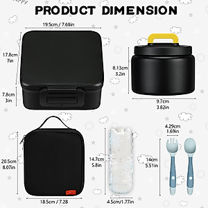 MAISON HUIS Kids Bento Lunch Box Set With 8oz Soup Thermo, Leakproof Lunch Containers with 5 Compartment, Thermo Hot Food Jar and Insulated Lunch Bag, BPA Free,Travel, School -Black