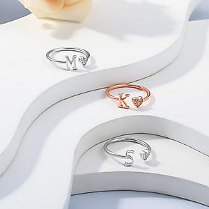 Initial Rings for Women Teen Girls, Sterling Silver Rings for Women Letter A Initial Ring Silver Heart Rings for Girls Kids Rings for Girls Adjustable Rings for Women Stackable Rings for Girls Gifts