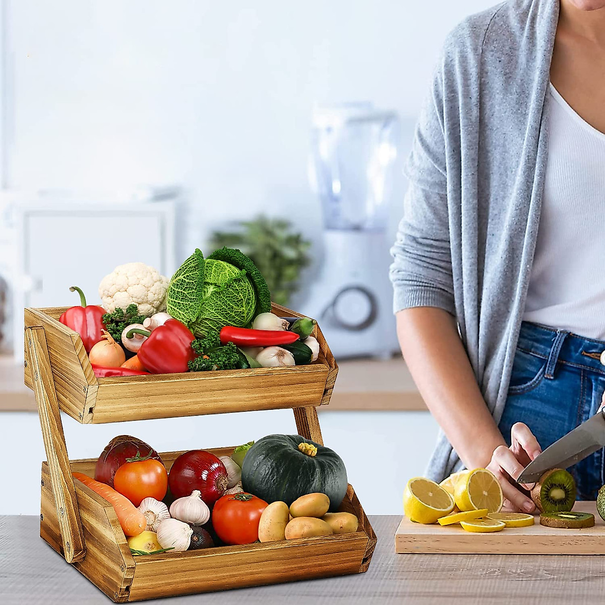 G.a HOMEFAVOR Fruit Basket: 2-Tier Pine Wood Fruit Bowl for Kitchen, Fruit Stand Storage Holder for Vegetables and Snack Home Kitchen Countertop Organizer (Self-assembly)