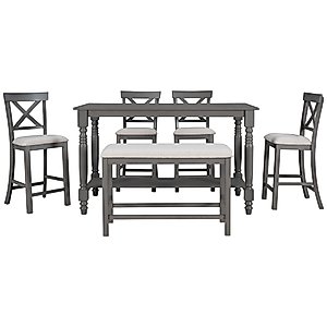 LUMISOL Wood Kitchen Dining Table Set of 6 with Bench and Chairs Farmhouse Rustic Dining Room Table Set, Recantgle Table with Shelf and Upholstered Seating, Gray