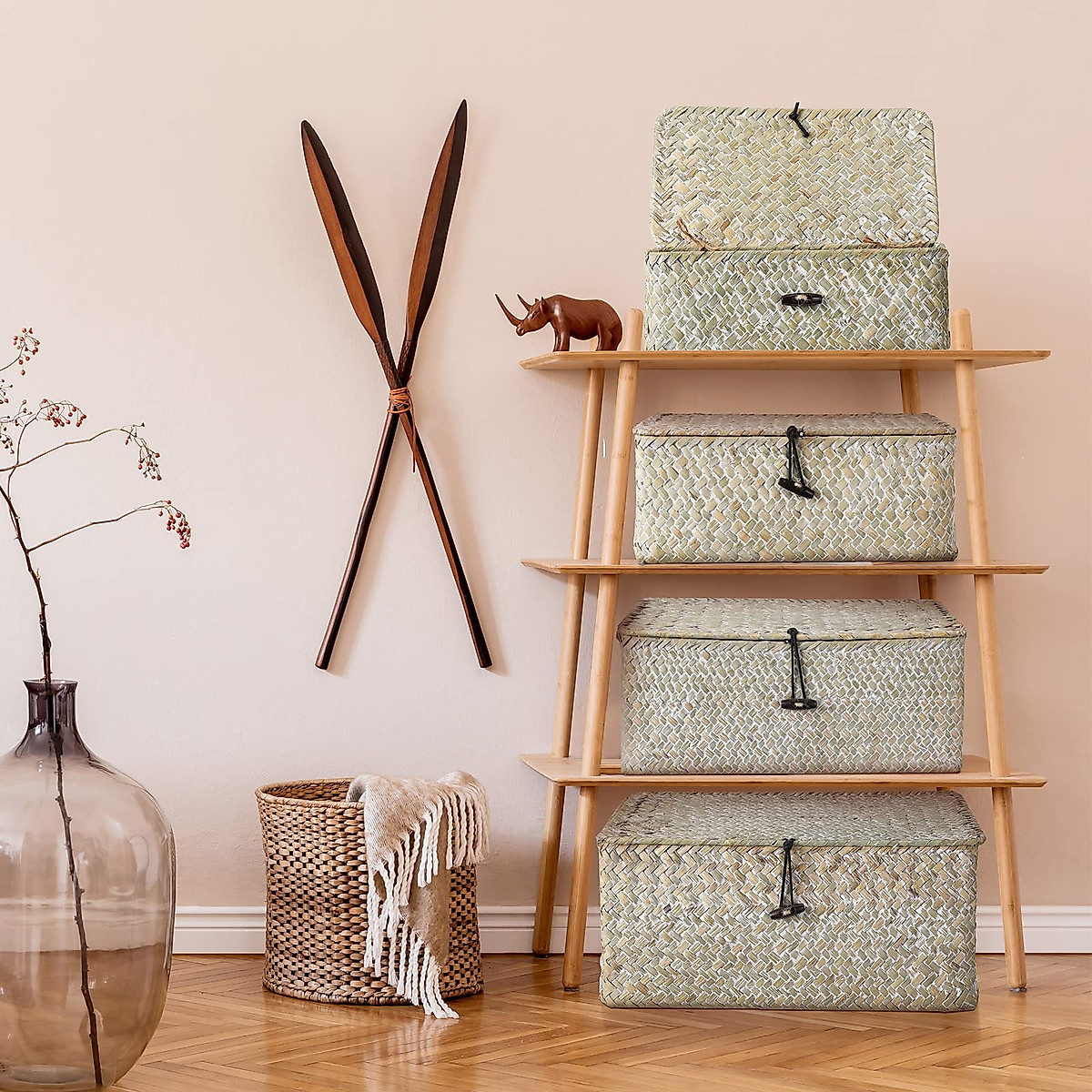 Woanger Set of 4 Seagrass Basket with Lids Rattan Wicker Storage Basket Handwoven Decorative Storage Boxes with Lids Multipurpose Woven Basket Bins for Shelf Closet (White)