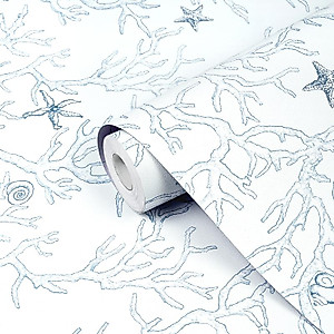 Dviolet Peel and Stick Wallpaper White and Light Blue Contact Paper Coral Wallpaper Coral/Seashell/Starfish Contact Paper Removable Wallpaper for Kids Room Walls 17.3"X 118"