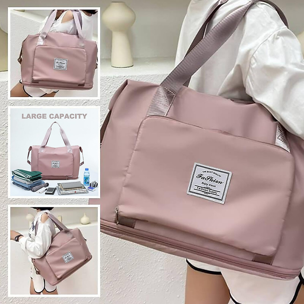 Large Capacity Folding Travel Bag, Lightweight Waterproof Luggage Bag, Expandable Travel Duffel Bag, Dry Wet Separated Gym Tote Bag, Weekender Overnight Bag for Women and Man (Pink)