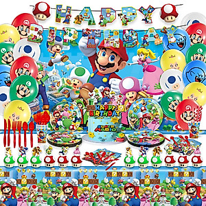 Mario Birthday Party Supplies, 116PCS Mario Party Decorations Include Banners, Backdrop, Plates, Tablecloth, Cup, Forks, Spoons, Cake Topper, straw (10 Guests)