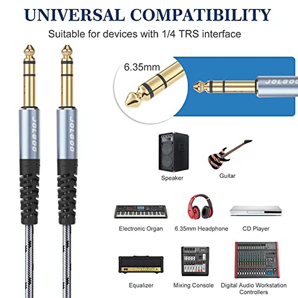 JOLGOO 1/4 TRS Audio Cable, 1/4" 6.35mm TRS to 1/4" 6.35mm TRS Balanced Interconnect Cable, 3.3 Feet