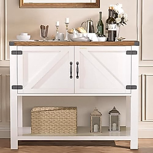 4ever2buy Farmhouse Coffee Bar Cabinet with Barn Doors, White Coffee Bar Stand with Storage, 36 inch Coffee and Tea Bar with Bottom Shelf for Living Dining Room