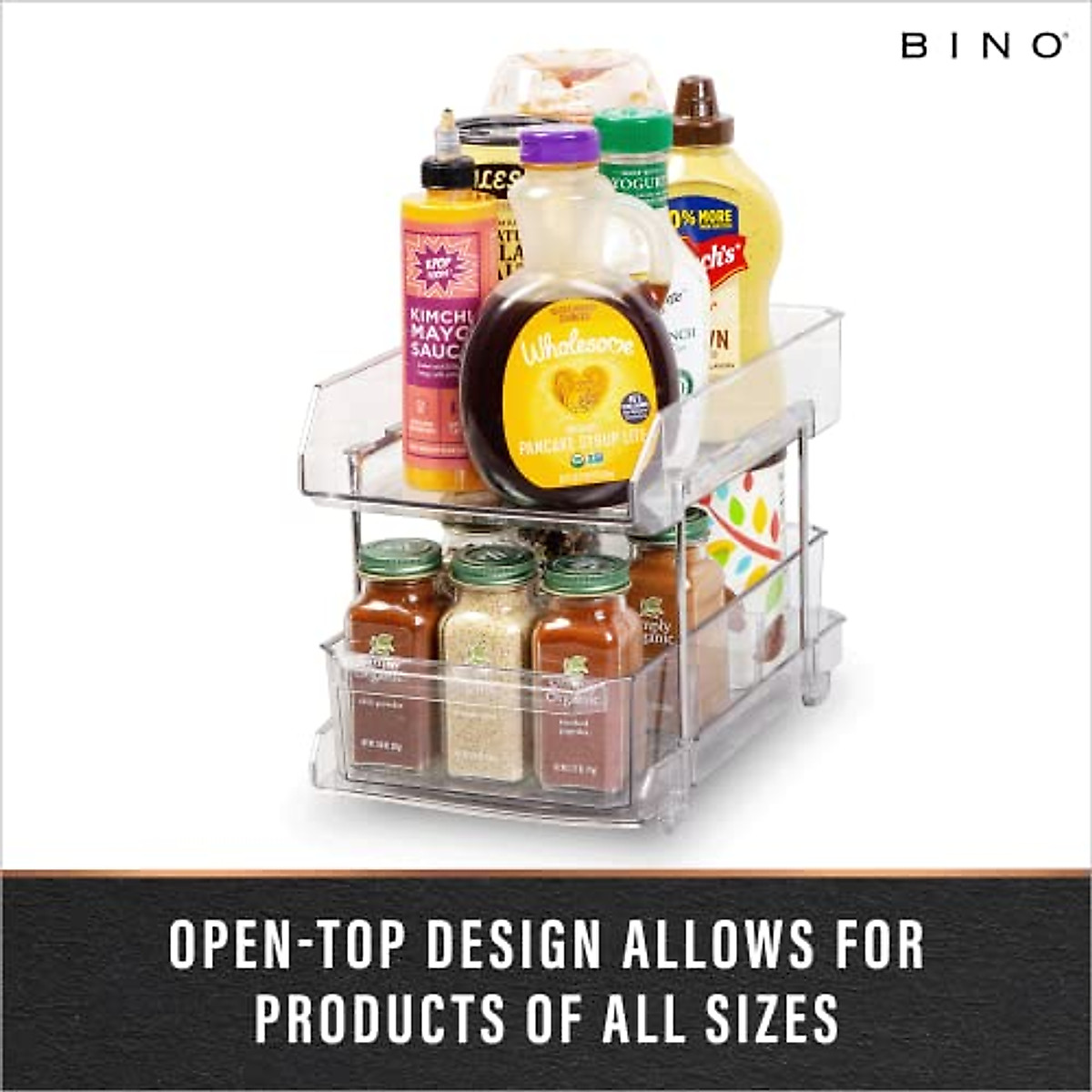 BINO 2 Tier Clear Storage Organizer with Dividers | Bottom Slide Out Drawer for Under Sink, Medicine Cabinet | Bathroom Closet, Vanity, Pantry Organizer | Under Cabinet Storage for Bathroom & Kitchen