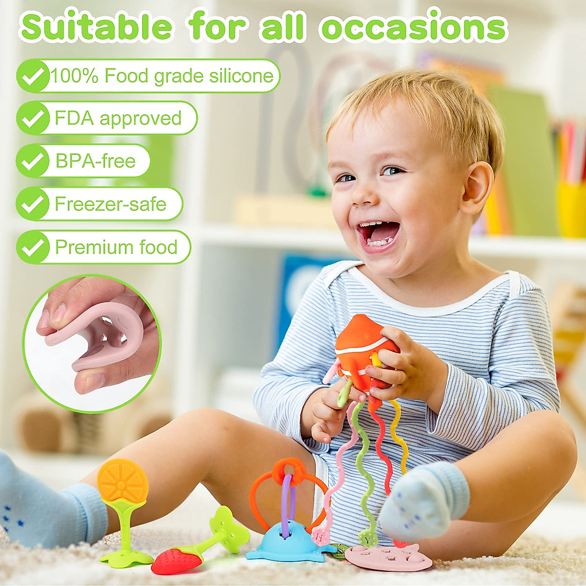 Baby Teether Toys for 12-18 Months, Montessori Sensory Teething Toys for Babies 1+ Year Old, Infant Car Seat Toys Pull String Activity Silicone Toy Fish Shape Chew Toys for Boys Girls, BPA Free