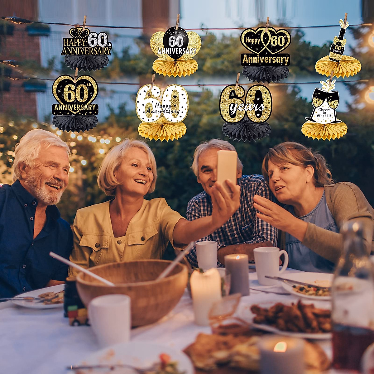 Happy 60th Anniversary Decorations Table Honeycomb Centerpiece, 8pcs 60 Wedding Anniversary Party Supplies, Black Gold Sixty Year Anniversary Table Topper Decor Kit