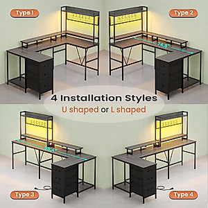 UPOSOJA U Shaped Gaming Desk with Hutch, 98.4in Reversible L Shaped Computer Desk with Power Outlets, Home Office Desk LED Light, Monitor Stand 3 Drawers Shelves 6 Hooks(Grey)