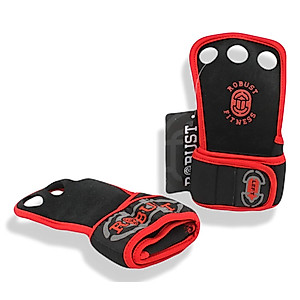ROBUST FITNESS Genuine Leather Hand Grips for Gymnastics & Cross-Training, Pull-ups, Weightlifting, WODs with Neoprene Wrist warps. Palm Shield from Rips & Blisters. (Red, Medium)