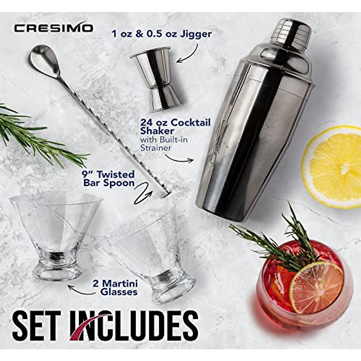 24oz Cocktail Shaker Set Bartender Kit with 2 Stemless Martini Glasses - The Perfect Mixology Home Bar Set Gift - Large Drink Mixer and Bar Accessories: Jigger, Bar Spoon and Martini Glasses - Cresimo