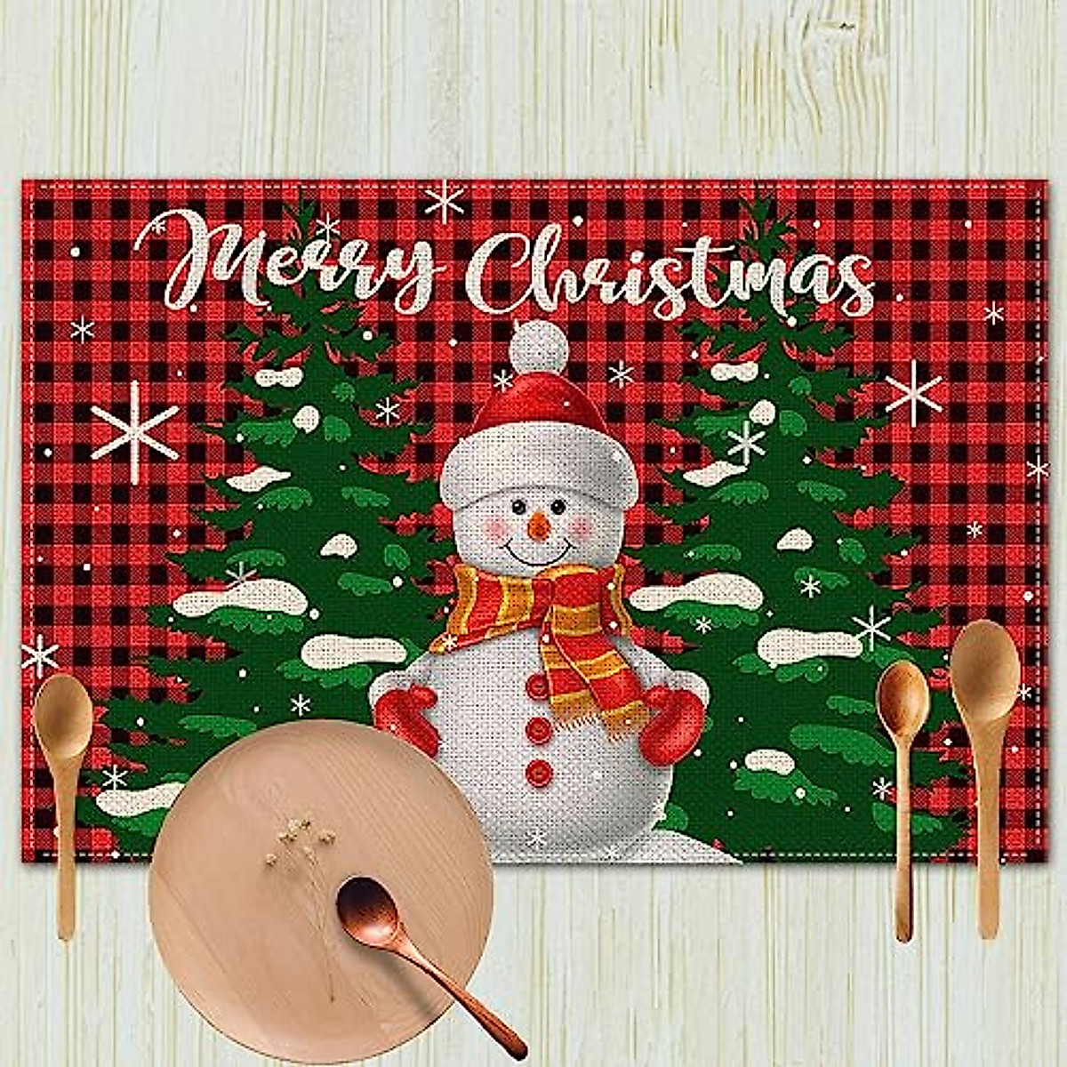 Red and Green Buffalo Plaid Santa Claus, Truck, Snowman Merry Christmas Placemats Set of 6, 12x18 Inch Winter Table Mats for Party Kitchen Dining Decoration (A)