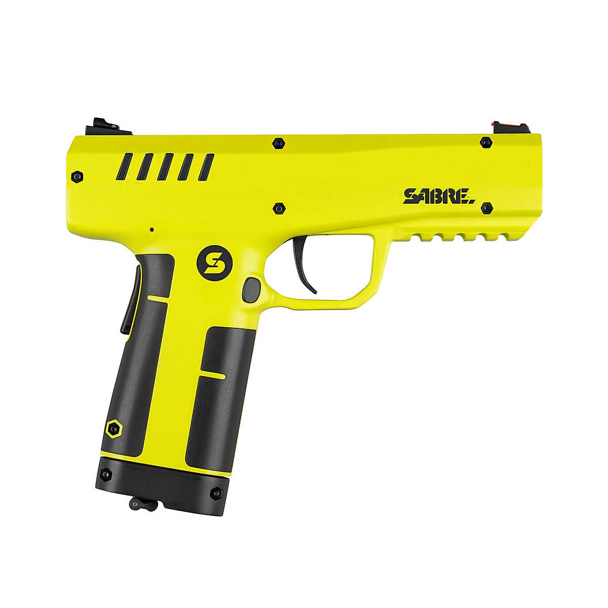SABRE Pepper Projectile Launcher, Home Defense. Mag holds 7 .68 Caliber projectiles, Adjustable Fiber Optic Sights, Direct Impact Up to 60ft. Area Saturation Up to 175ft, 350 FPS Velocity. 12g CO2