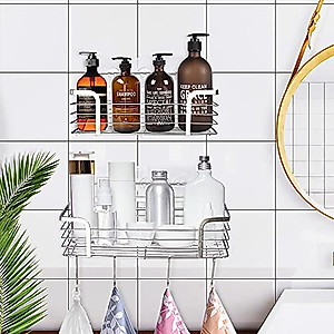 Shower Caddy Basket Shelf, Wall Mounted Bathroom Shower Storage Organizer with 4 Hooks, SUS304 Stainless Steel Adhesive Shower Shelf for Bathrooms, Toilets, Shower Room, Kitchen - 2 Pack