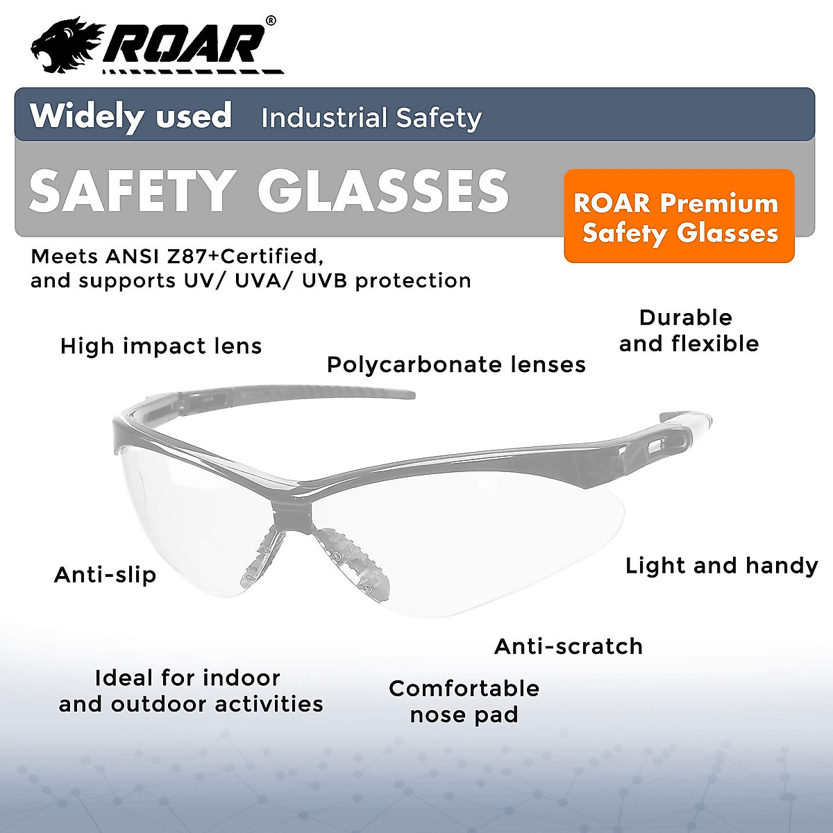 ROAR Clear Premium Safety Glasses 6 pairs per box Eyewear Protective Glasses Safety Goggle Airsoft Goggle, Strong Impact Resistant Lens for Laboratory, Construction, Industrial Safety, Craft