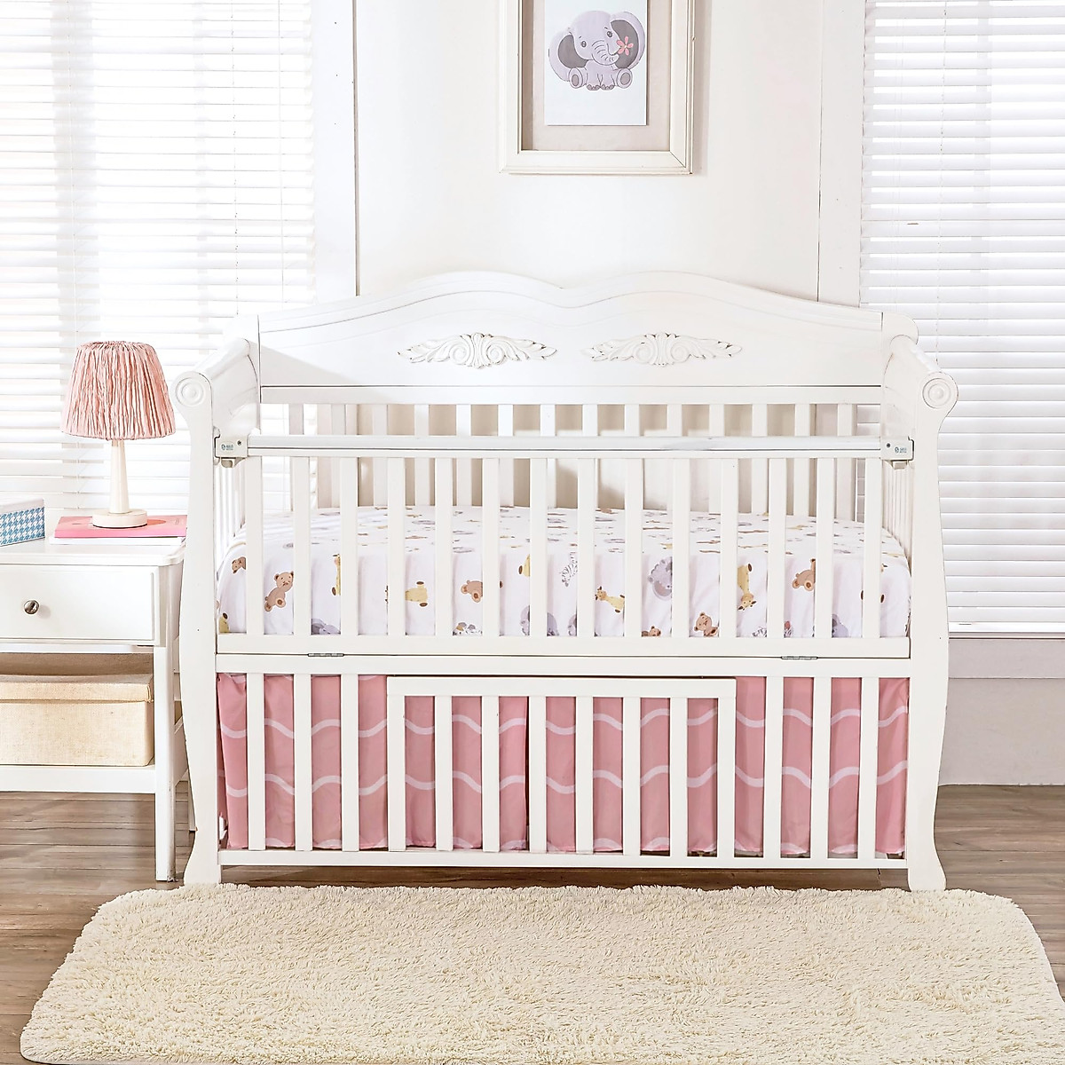 Baevellery Crib Bedding Set for Girls 3Piece Jungle Elephant Baby Girl Crib Bedding Set Nursery Crib Set for Baby Girl - Fitted Sheet Crib Comforter Crib Skirt