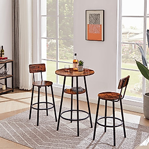 Tiokop Bistro Set of 2, Pub High Top Round Table and Chairs Upholstered Cushion, Storage Shelf and Backrest, 3-Piece Bar Stool Set for Breakfast Nook, Rustic Brown