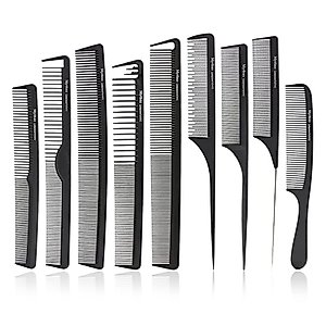 CestoMen 9pcs Carbon Fiber Stylist Combs Set, Anti Static Hair Cutting Comb Salon Styling Hairdressing Carbon Combs Rat Tail Comb for All Hair - Black