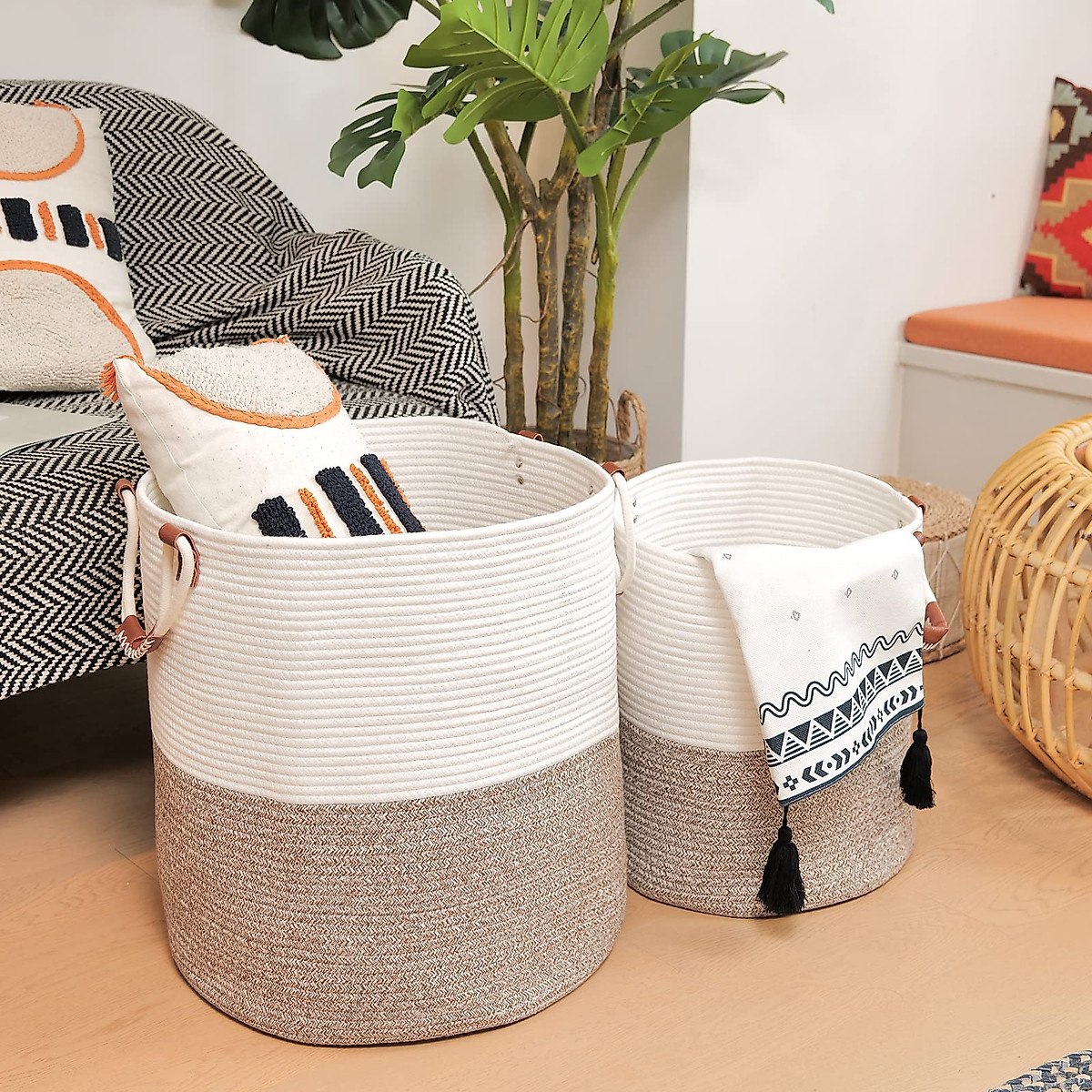 WSNYY Cotton Rope Basket, Storage Basket, Woven Laundry Hamper, Toy Storage Bin, Nursery Storage Basket, Baby Bin Organizer, White & Brown, 13.7x15.7 Inches