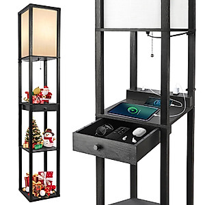 OUTON Floor Lamp with Shelves, 1 Drawer, 2 USB-C Ports, 2 AC Outlets, LED Modern Floor Lamp with 3 Color Temperature, Storage Display Wood Standing Lamp for Living Room, Bedroom, Office (Black)