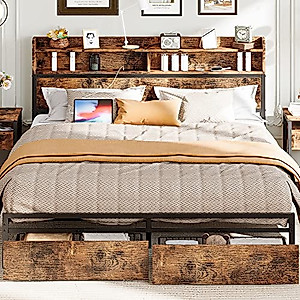 IRONCK Queen Bed Frame with Bookcase Headboard & Drawer & Charging Station,Sturdy Metal Platform Bed, No Noise, No Box Spring Needed, Vintage Brown