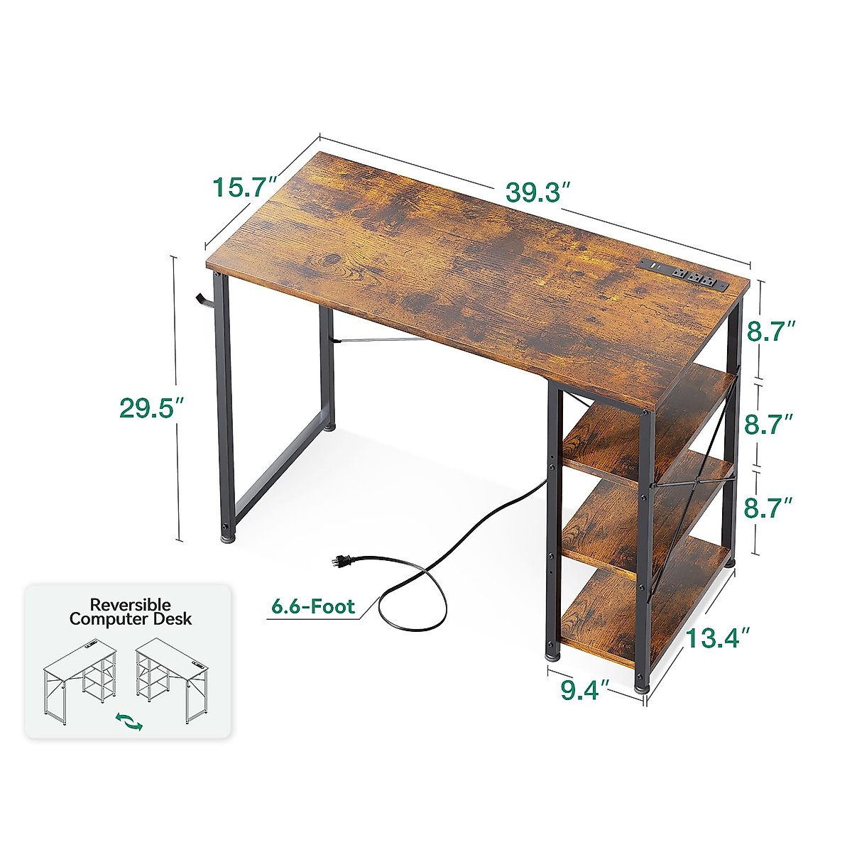 AODK Laptop Desk Small Desk, 40 Inch Computer Desk with Power Outlet and USB & Type-C Charging Port, Writing Desk with 3-Tier Reversible Storage Shelf for Home Office, 40'' x 16'', Rustic Brown