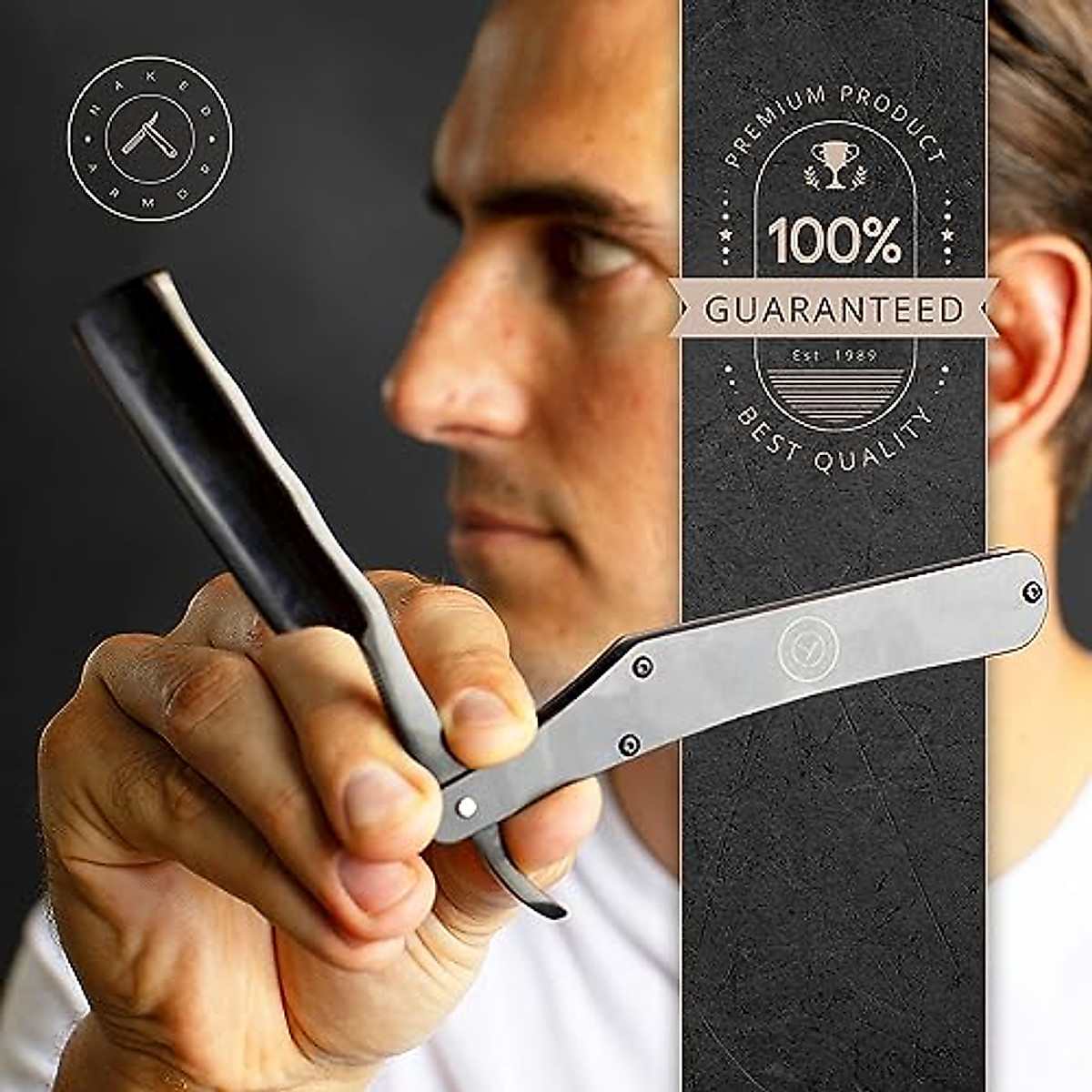 Naked Armor Lancelot Black Stainless Steel Straight Razor，Shave Ready Straight Edge Razor, Stainless Steel, Barber Approved Straight Razors for Men，Leather Case, Close Shave at Home，Navaja de Barbero