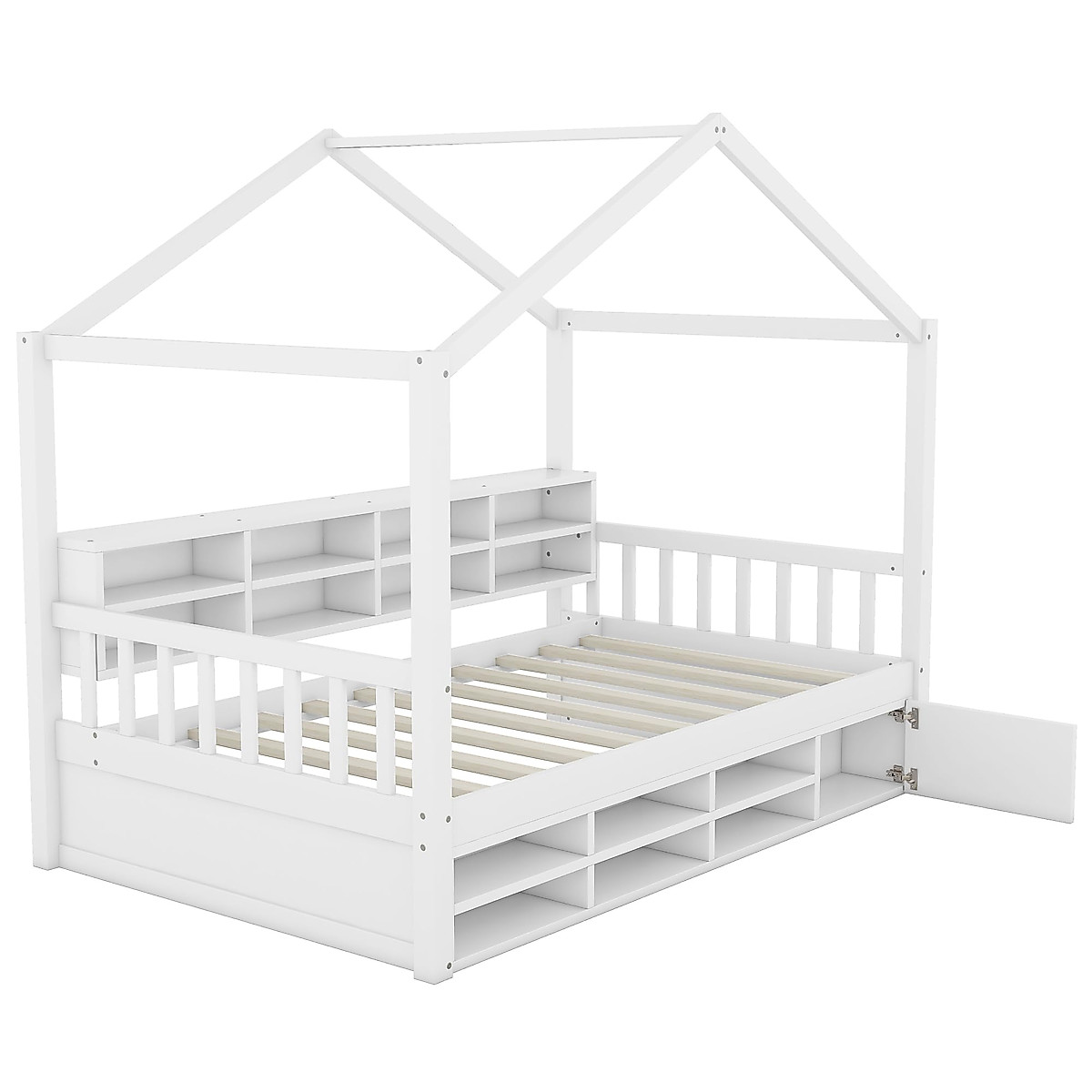VilroCaz Twin Size House Bed with Shelves and a Mini-Cabinet, Wood Kids Platform Bed Frame with Sturdy Slats Support, Playhouse Design Daybed for Kids Teens Girls Boys (White-3tw)