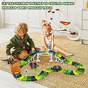 Dinosaur Tracks, 185 PCS Create A Dinosaur World Road Race for Kids Boys Toys Flexible Train Tracks Set and 2 Cool Dinosaurs Cars Dinosaur Toys for Age 3 4 5 6 7 8 Year & Up Old Boy Girls Best Gift