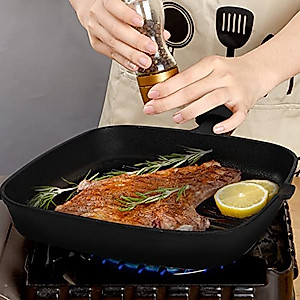 rincentd Cast Iron Grill Pan for Stove Tops, with Silicone Handles, Steak Pan Perfect for Meats Steak Fish and Vegetables, 10 Inch -Black