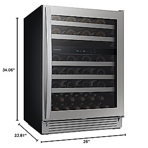 SAMSUNG 34-Inch Wine Cooler Refrigerator, 51 Bottle Capacity, Freestanding, Under Cabinet Fridge w/ Dual Temperature Zones, LED Lighting, Fingerprint Resistant, RW51TS338SR/AA, Stainless Steel