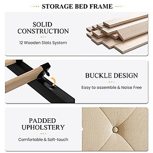 SHA CERLIN Upholstered Full Size Platform Storage Bed Frame with 4 Drawers, Adjustable Headboard with Diamond Button Tufted Design, Wooden Slat Support, No Box Spring Needed, Beige