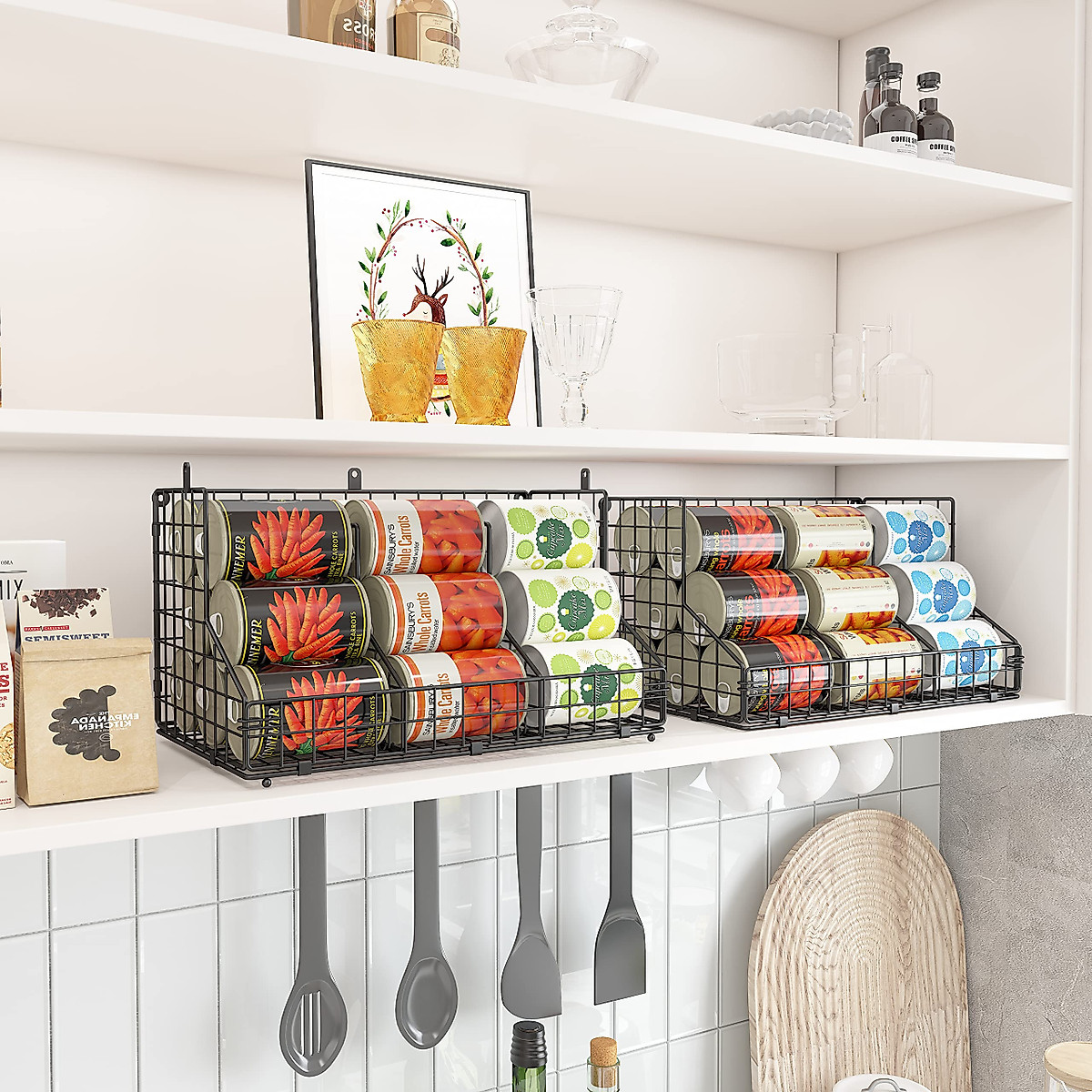 JKsmart Stackable Can Rack Organizer for Pantry Storage,Can Dispensers with 4 Adjustable Dividers, 2-Tier Metal Wire Basket Beverage Pop Soda Rack for Kitchen Cabinet Pantry, Black