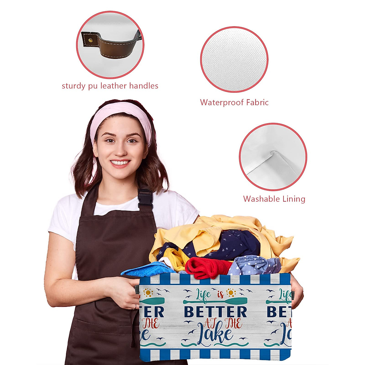 Summer Beach Storage Basket Waterproof Cube Storage Bin Organizer with Handles, Life is Better at the Lake Blue Plaid Wooden Collapsible Storage Cubes Bins for Clothes Books Toys 15"x11"x9.5", 2 Pcs