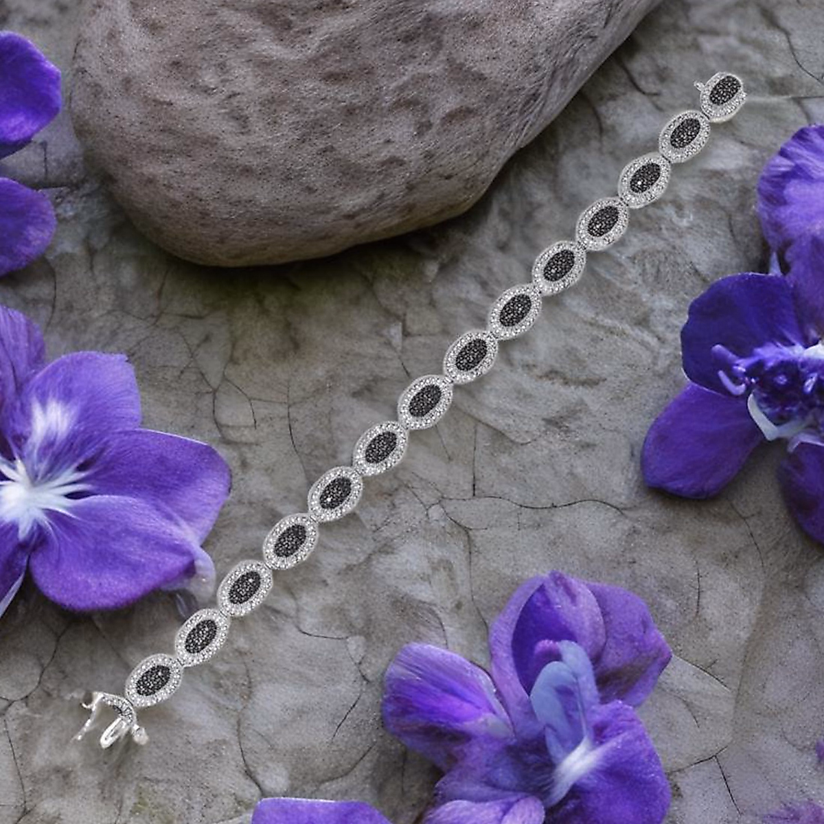 Dazzlingrock Collection 0.20 Carat (ctw) Round Black Diamond Ladies Cluster Style Oval Shape Tennis Bracelet 1/5 CT, 925 Sterling Silver