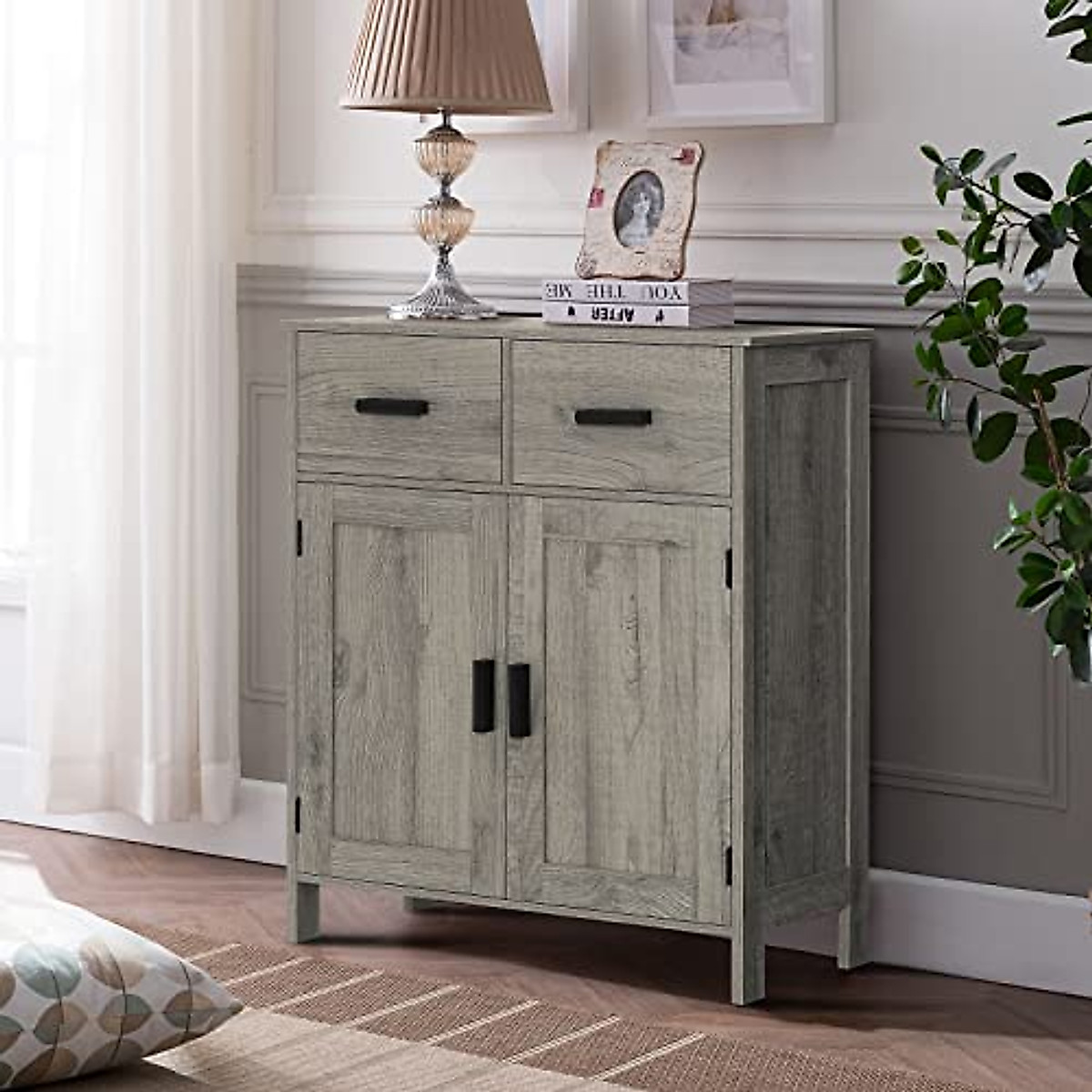 Quimoo Storage Cabinet, Bathroom Floor Cabinet with 2 Drawers & Adjustable Shelves, Bathroom Storage Cabinet with 2 Doors for Living Room, Bedroom, Home Office, Grey